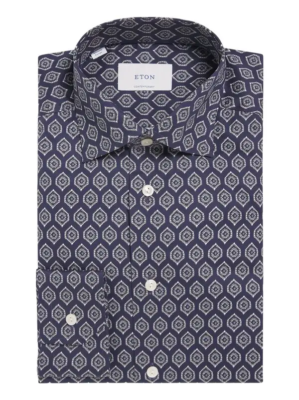 Eton Cotton Twill Geometric Print Contemporary Fit Shirt - Navy
