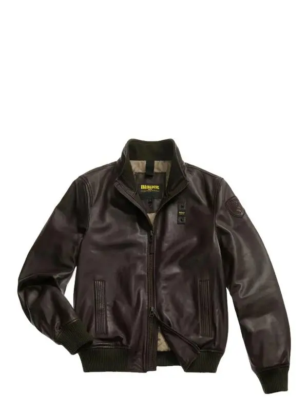 BLAUER. Leather Bomber Jacket - Castagna