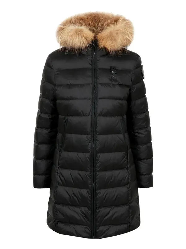 BLAUER. Horizontally Quilted Down Coat With Fur Trim - Nero+beige