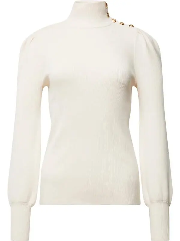 Ralph Lauren Ribbed Turtleneck Sweater With Embossed Crest Buttons - Beige