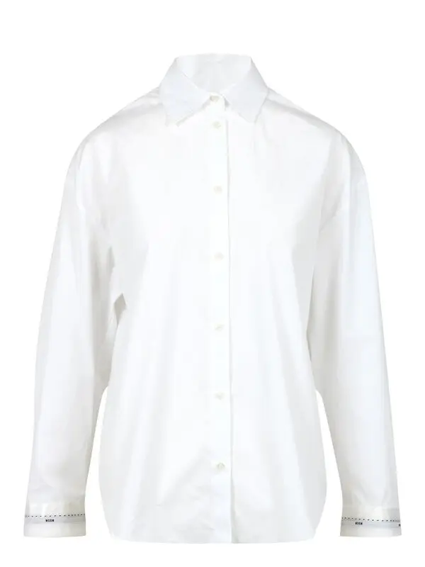 MSGM Cotton Poplin Shirt With Logoed Ribbon Cuffs - White