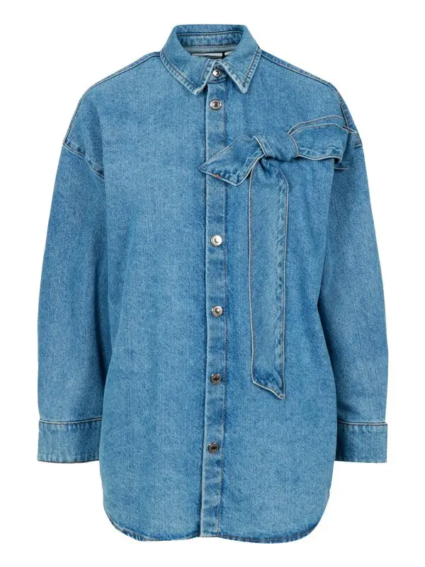 MSGM Washed Cotton Denim Shirt With Bow Appliqu - Medium Denim