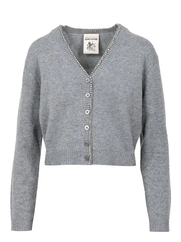 SEMICOUTURE Cashmere Blend Knit Sweater With Crystal And Beaded Embellishments - Grey