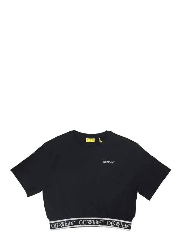 Off White Cropped Cotton T-shirt - Black+silver