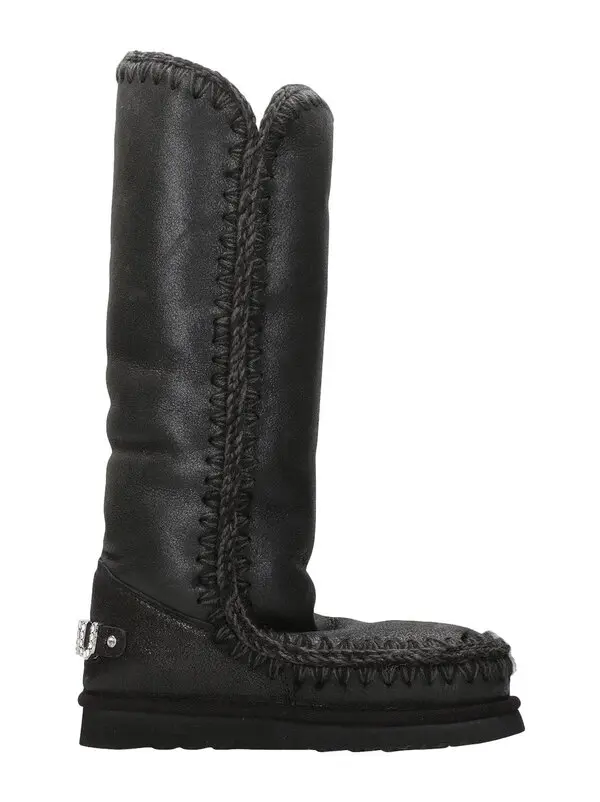 Mou Tall Sheepskin Boots With Crochet Detail - Black