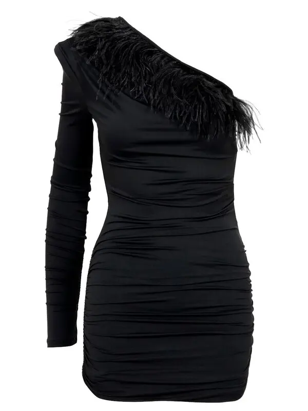 ANIYE BY Asymmetrical Single-sleeve Feathered Dress - Black