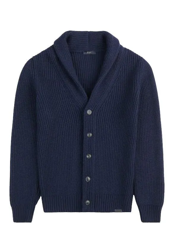 FAY Wool Knit Cardigan With Shawl Neckline - Blue