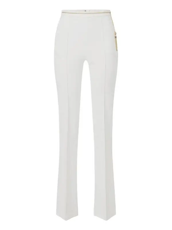Elisabetta Franchi Slim Fit Crepe Trousers With Jewel Chain Belt - Ivory