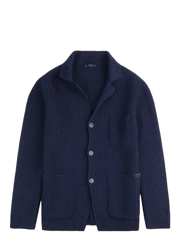 FAY Wool Knit Single-breasted Jacket With Leather Logo Patch - Blue