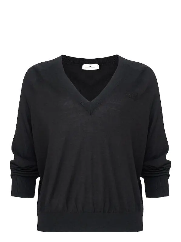 Elisabetta Franchi Wool Sweater With Logo - Black