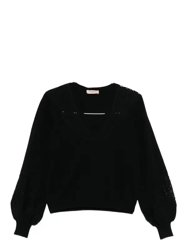 Twin-set V-neck Sweater With Lace Trim - Black