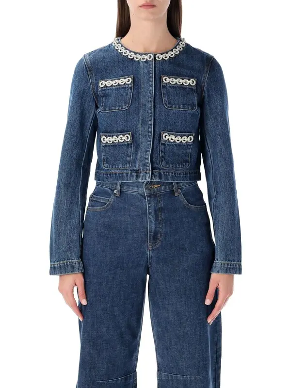 SELF-PORTRAIT Cropped Denim Jacket With Crystal Chain Trims - Blue