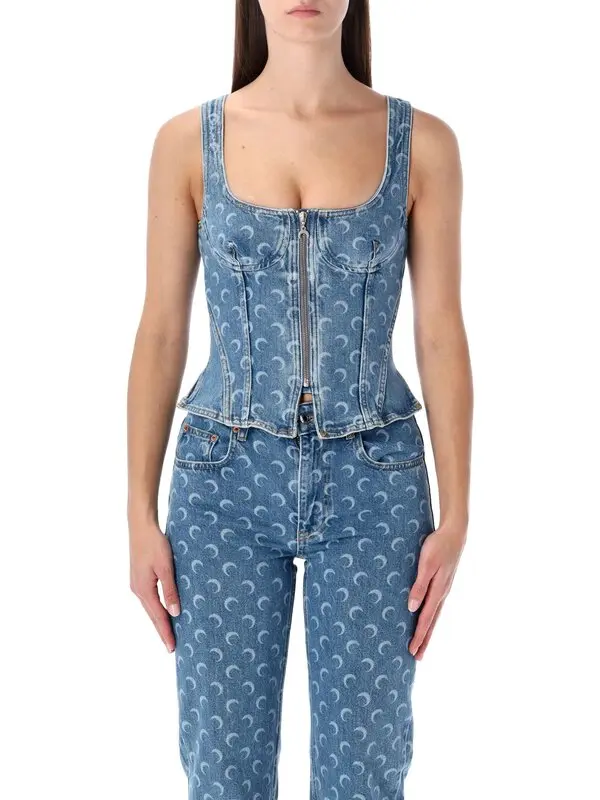 MARINE SERRE Cotton Denim Bustier Top - Blue