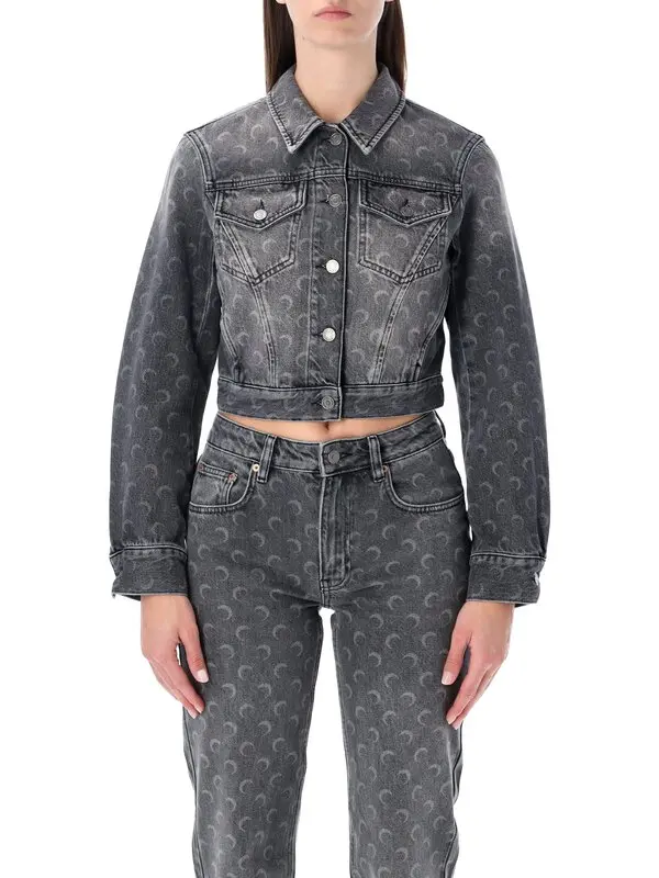 MARINE SERRE Cropped Cotton Denim Jacket With Laser Moon Motif - Grey