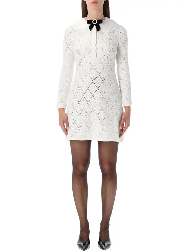 SELF-PORTRAIT Lace Knit Mini Dress With Velvet Bow Brooch - White