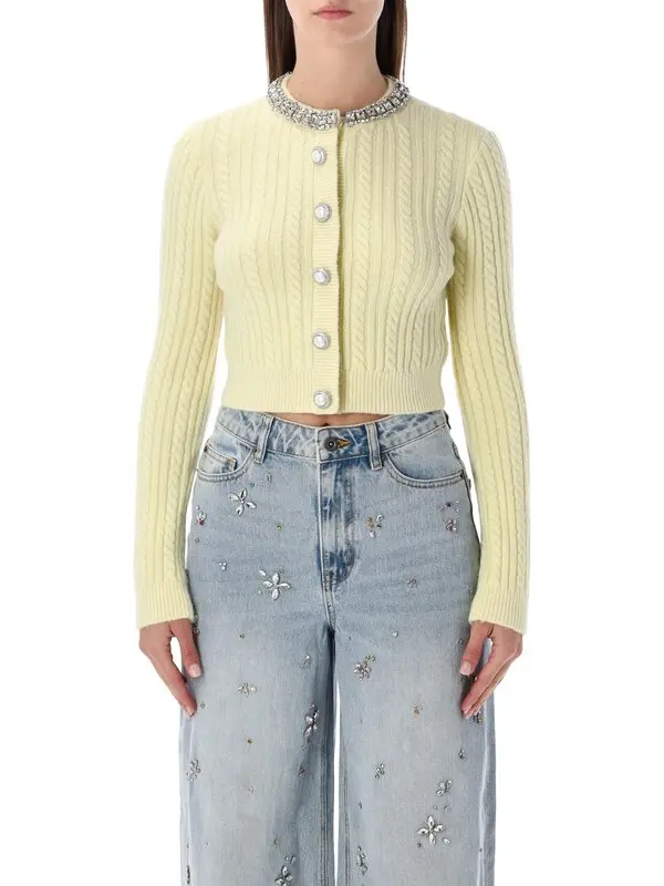 SELF-PORTRAIT Cropped Cardigan With Crystal Embellishments - Yellow
