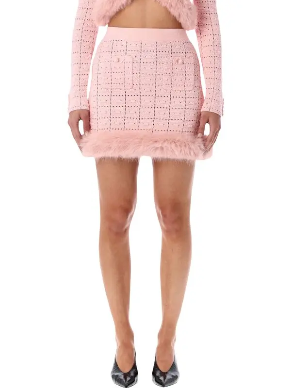 SELF-PORTRAIT Pointelle-knit Mini Skirt With Faux Fur Hem - Pink