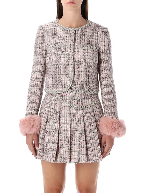 SELF-PORTRAIT Bouclé Jacket With Diamanté Chain Trims And Faux Fur Cuffs - Pink