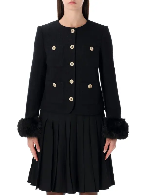 SELF-PORTRAIT Bouclé Jacket With Faux Fur Cuffs And Gold Buttons - Black