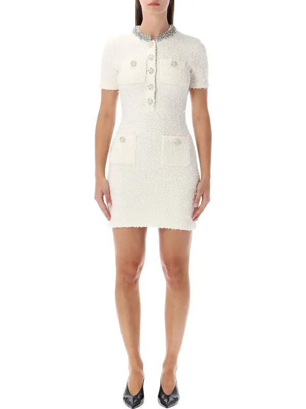 SELF-PORTRAIT Bouclé Knit Mini Dress With Crystal Embellishments - White