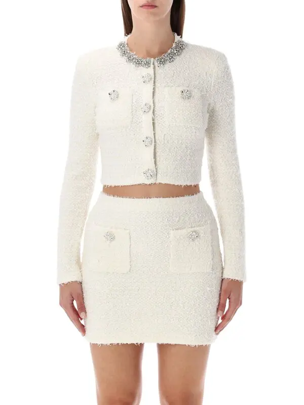 SELF-PORTRAIT Bouclé Cropped Cardigan - White