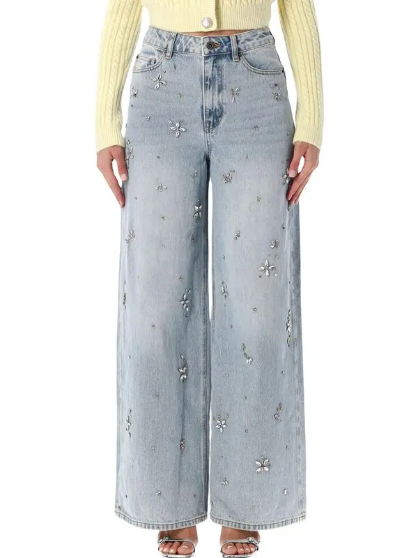 SELF-PORTRAIT High-waisted Wide Leg Jeans With Crystal Embellishments - Blue