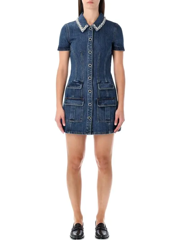 SELF-PORTRAIT Denim Mini Dress With Crystal Chain Collar - Blue