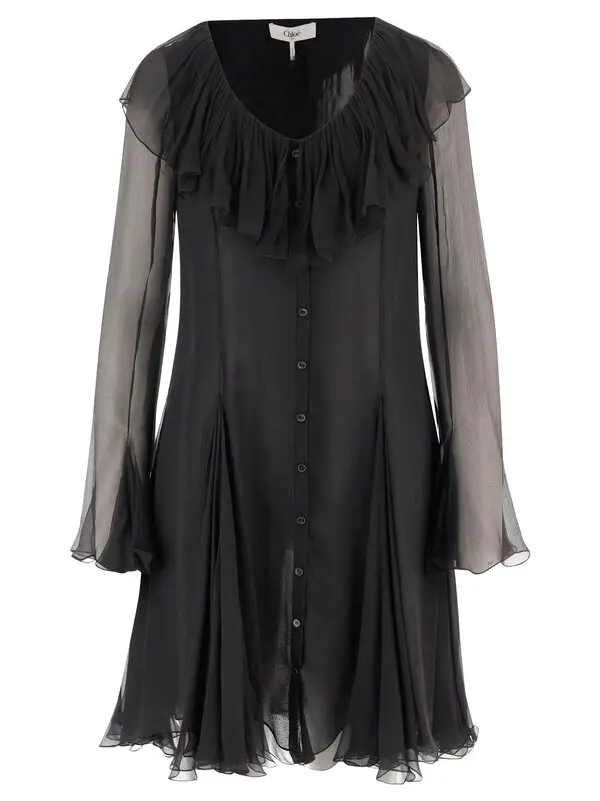 Chloé Flared Mini Dress In Silk Muslin - Black