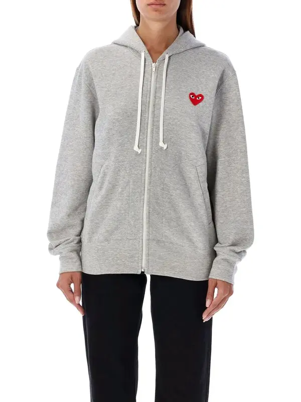 Play Comme Des Garcon Cotton Zipped Hoodie With Red Heart Patch - Grey