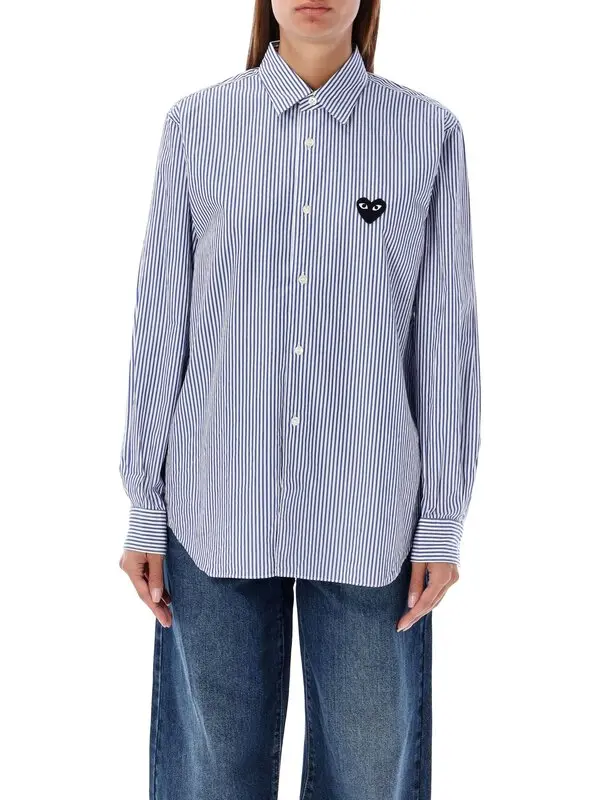 Play Comme Des Garcon Striped Cotton Shirt With Heart Patch - Blue