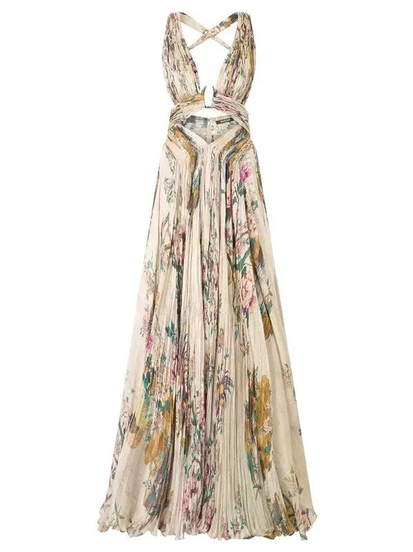 Roberto Cavalli Pleated Floral-print Dress - Neutrals