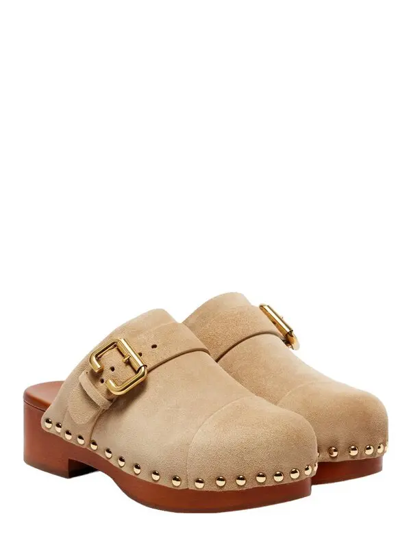 Chloé Jeannette 40 Embellished Suede Clogs - Beige