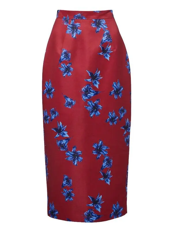 EMILIA WICKSTEAD Lorelei Floral Duchess Satin Pencil Skirt - Red