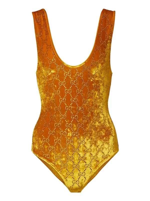 Gucci Gg Embellished Velvet Bodysuit - Yellow