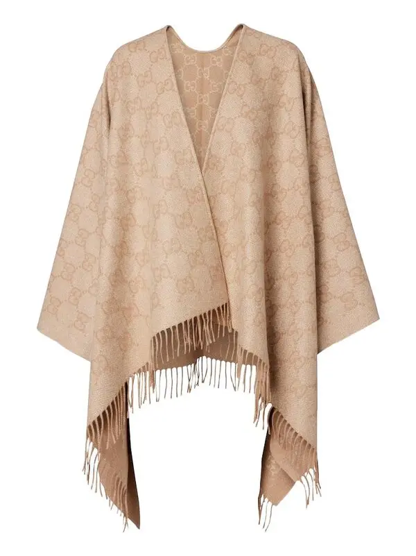 Gucci Gg Fringed Cashmere-blend Lamé Cape - Beige