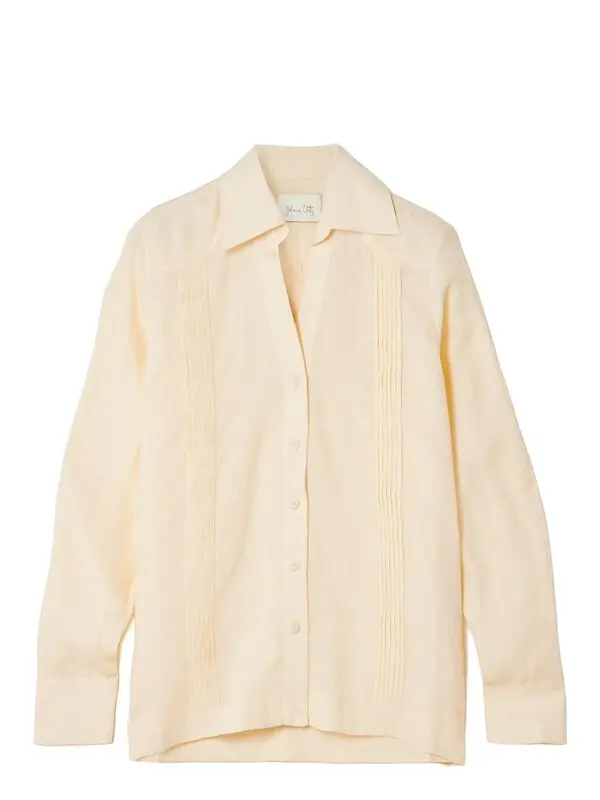 Johanna Ortiz Manly Guayabera Pintucked Organic Linen Shirt - Ecru