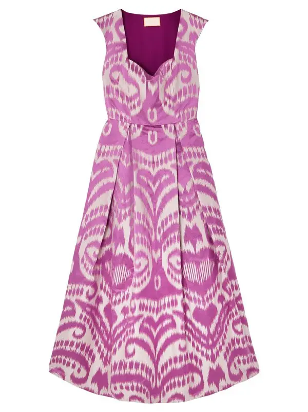MARTA FERRI Guenda Pleated Cotton, Silk, And Linen-blend Jacquard Midi Dress - Pink