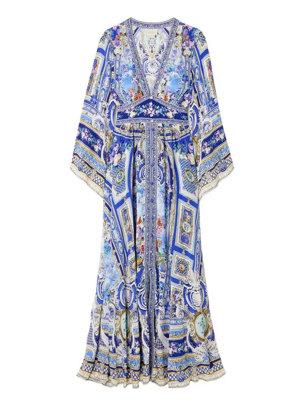 Camilla Crystal-embellished Shirred Printed Silk-chiffon Maxi Dress - Blue