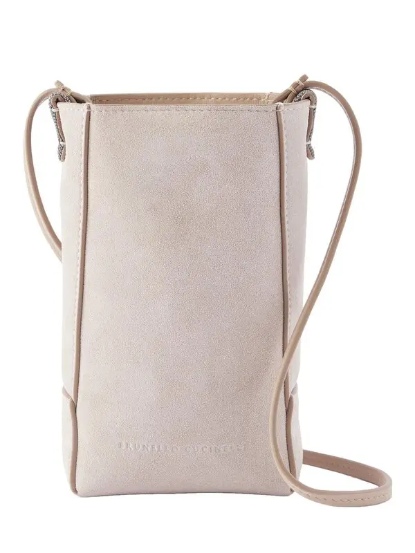 Brunello Cucinelli Embellished Leather-trimmed Suede Pouch - Gray