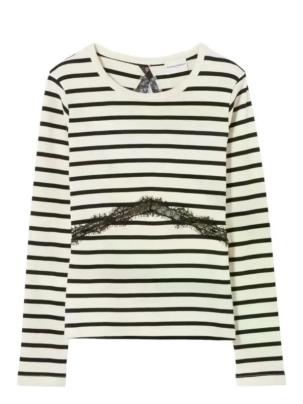 Claudie Pierlot Striped Lace-trimmed Long-sleeve Top - Neutrals