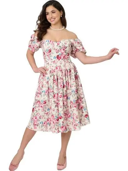 SMAK PARLOUR Puff Sleeve Swing Dress - White W/floral Print