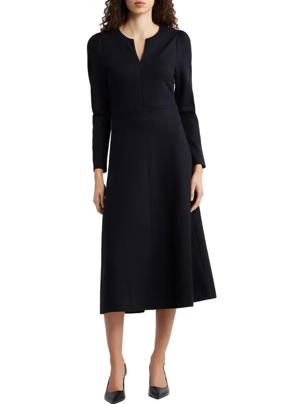 Caslon Half-zip Long Sleeve Ponte Midi Dress - Black