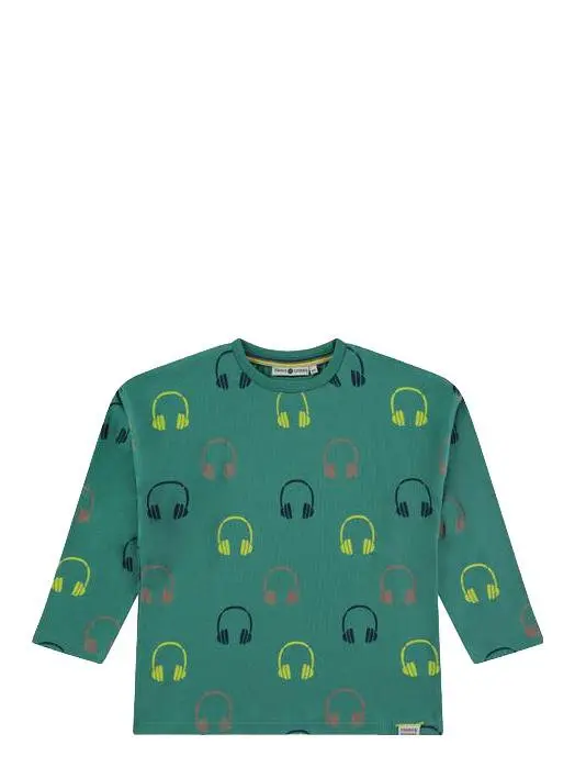 STAINS AND STORIES BY BABYFACE Allover Headphones Crewneck Long Sleeve T-shirt - Smaragd
