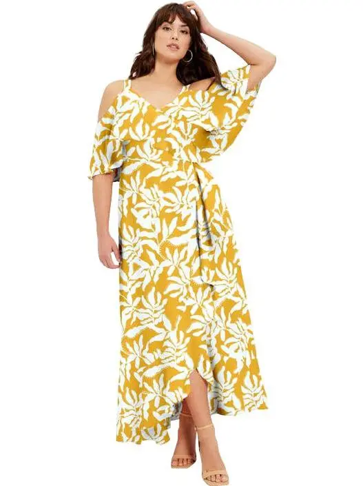 JUNE + VIE Cold-shoulder Faux-wrap Maxi Dress - Pressed Leaf Yellow
