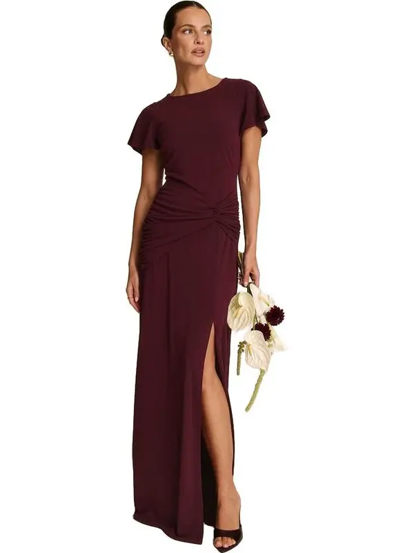 SIX STORIES Knot Panel Flutter Sleeve Maxi Gown - Merlot