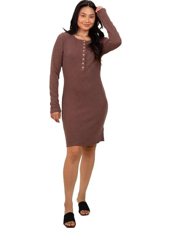 PINKBLUSH Ribbed Long Sleeve Half Button Fitted Dress - Brown