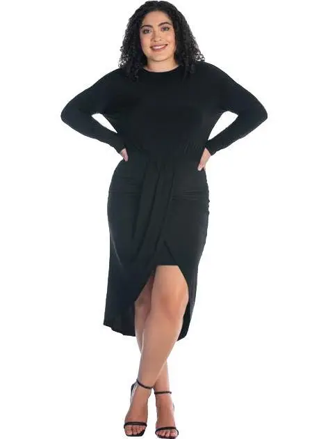 24SEVEN COMFORT APPAREL Tulip Skirt Knee-length Dress With Long Sleeves - Black