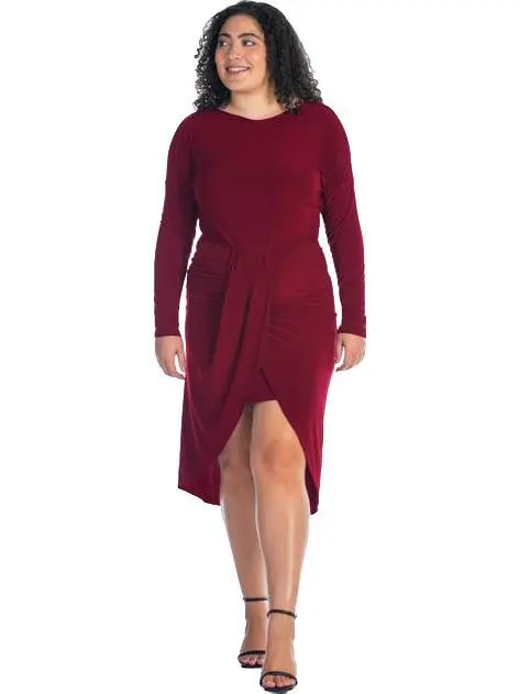 24SEVEN COMFORT APPAREL Tulip Skirt Knee-length Dress With Long Sleeves - Burgundy