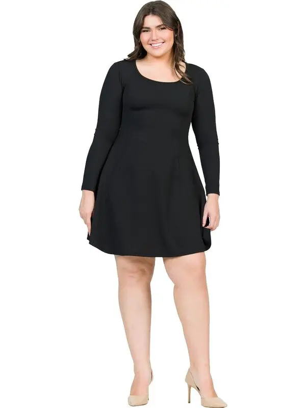 24SEVEN COMFORT APPAREL Long Sleeve Knee Length Skater Dress - Black