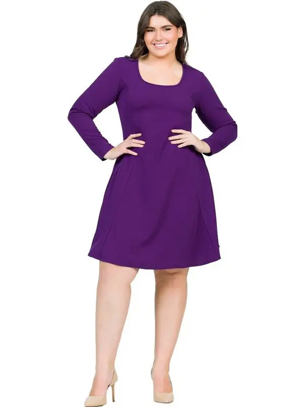 24SEVEN COMFORT APPAREL Long Sleeve Knee Length Skater Dress - Purple